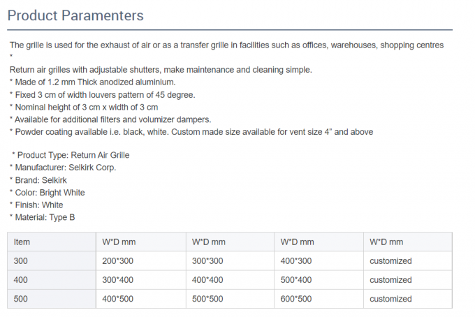 Ventilation Aluminum Clean Room Return Air Grille Modern
